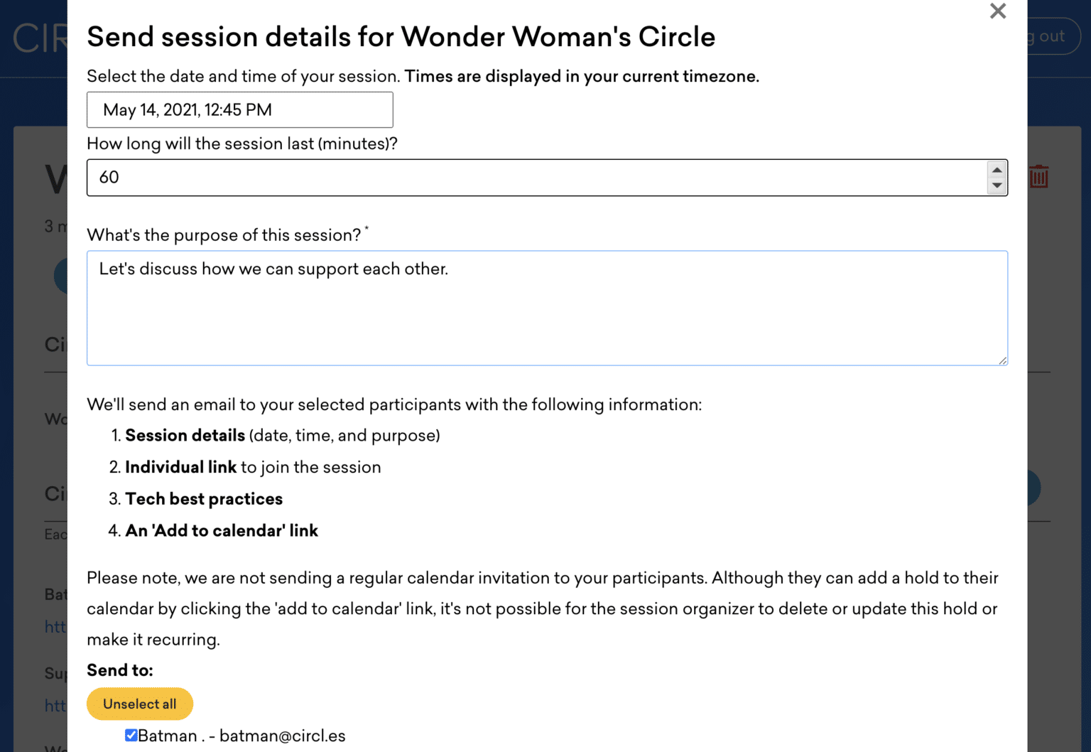 Send Invites for Your First Circles Session and Enter the Meeting Space ...